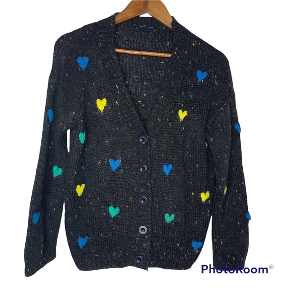 Sweaters | Basil Lola Black Multi Color Heart Mohair Blend Cardigan S ...